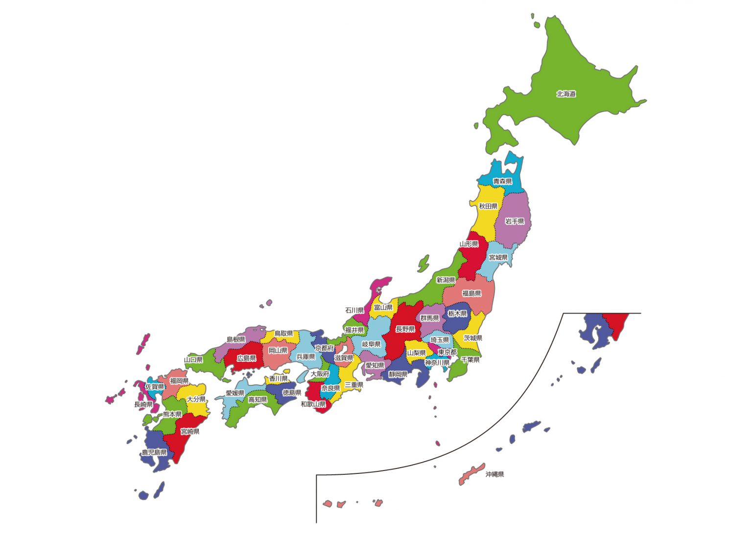 日本地図の無料イラスト素材集 (都道府県名・県庁所在地あり)