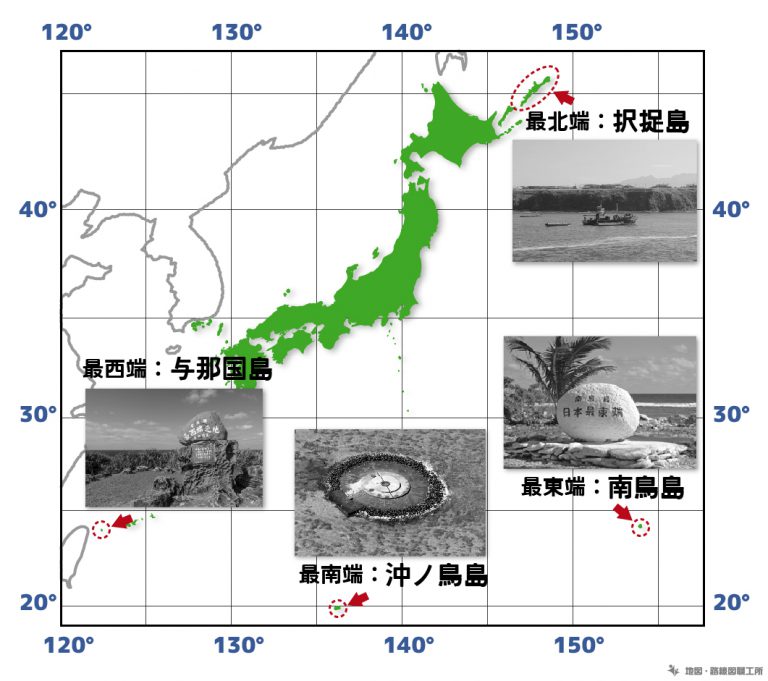 【中学受験 地理1】地球上の日本の位置 – 東西南北の端・緯度経度・時差